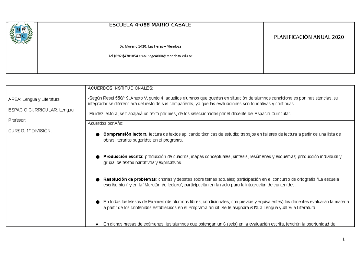 Esc Casale Planificacion 2020 1ro Lengua - Dr. Moreno 1420. Las Heras ...