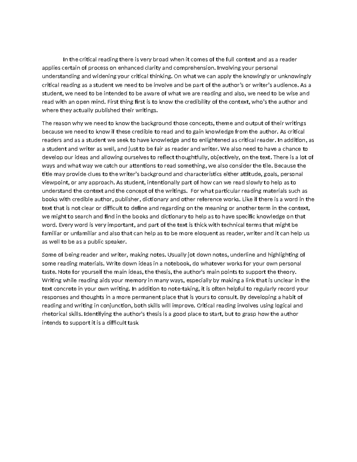 Knowingly and unknowingly critial reading - In the critical reading ...