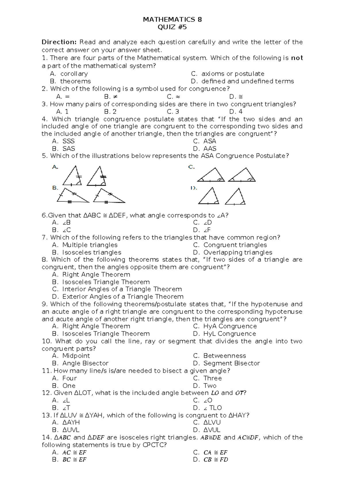LONG QUIZ MATH 8 - summative assessment - MATHEMATICS 8 QUIZ Direction ...