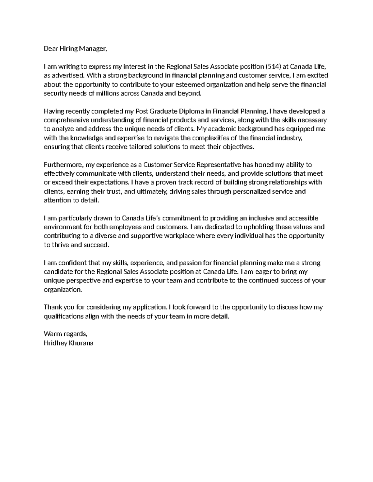 Cover letter - assignment - Dear Hiring Manager, I am writing to ...