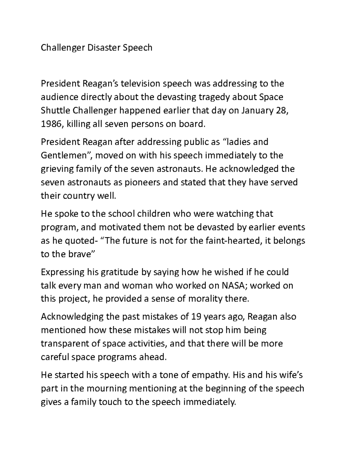 Challenger Disaster Speech - Challenger Disaster Speech President ...