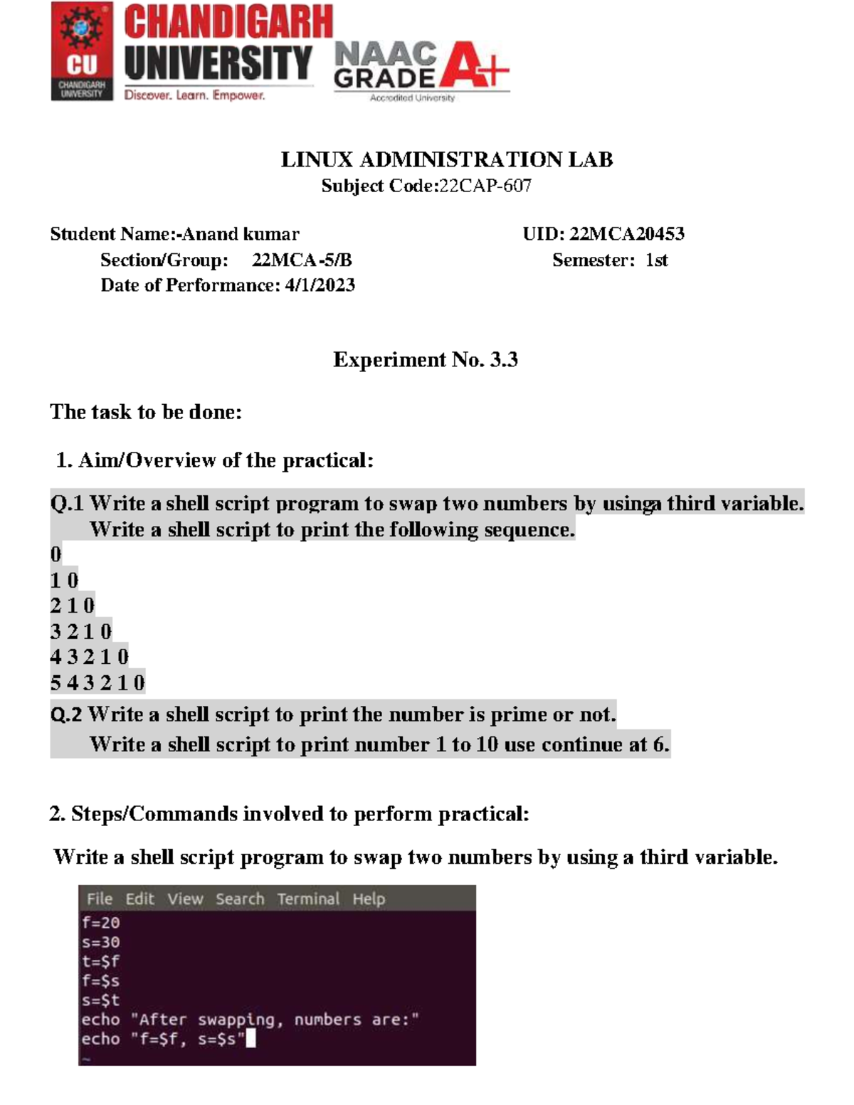 Linux 3 - hhh - LINUX ADMINISTRATION LAB Subject Code:22CAP- Student ...