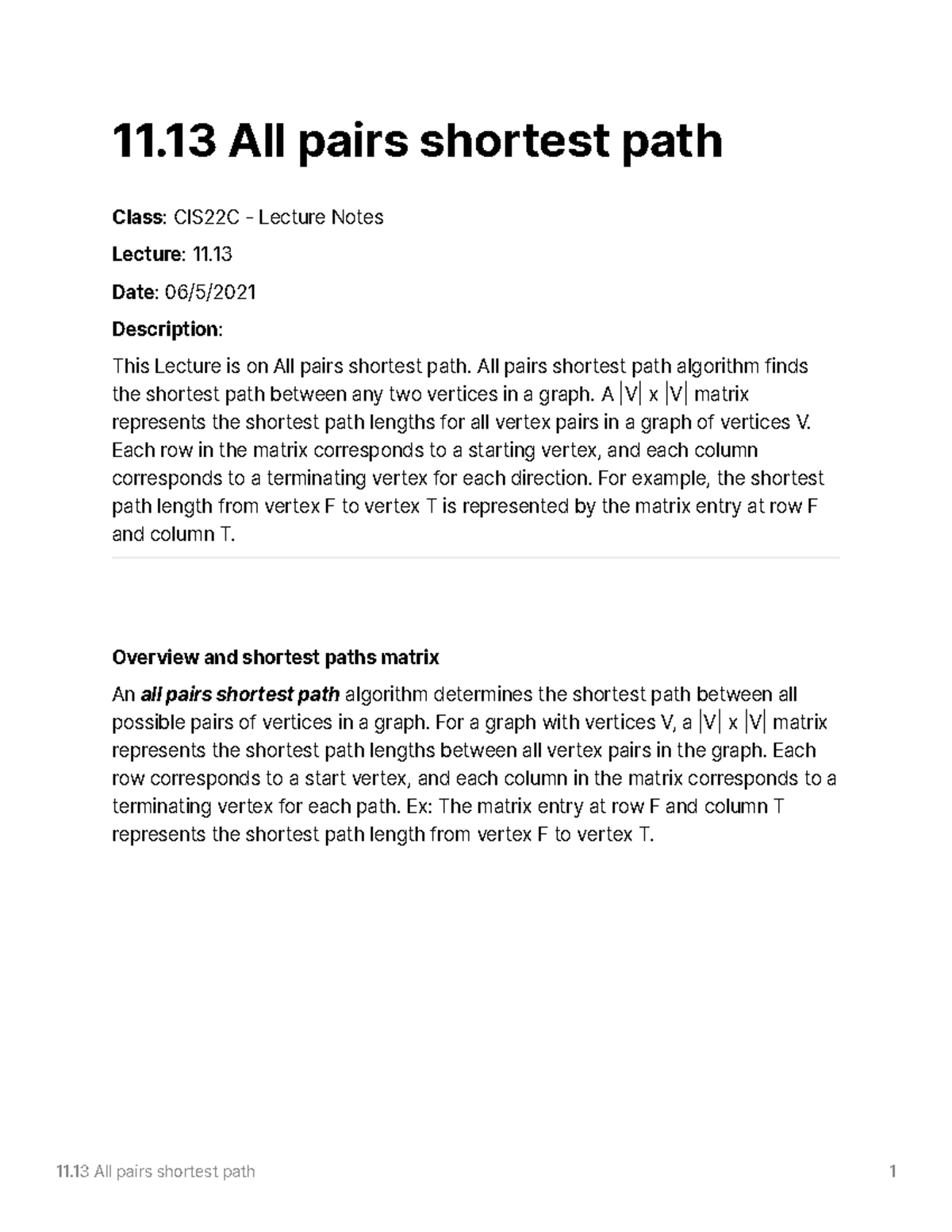 11.13 All pairs shortest path - 11 All pairs shortest path Class ...
