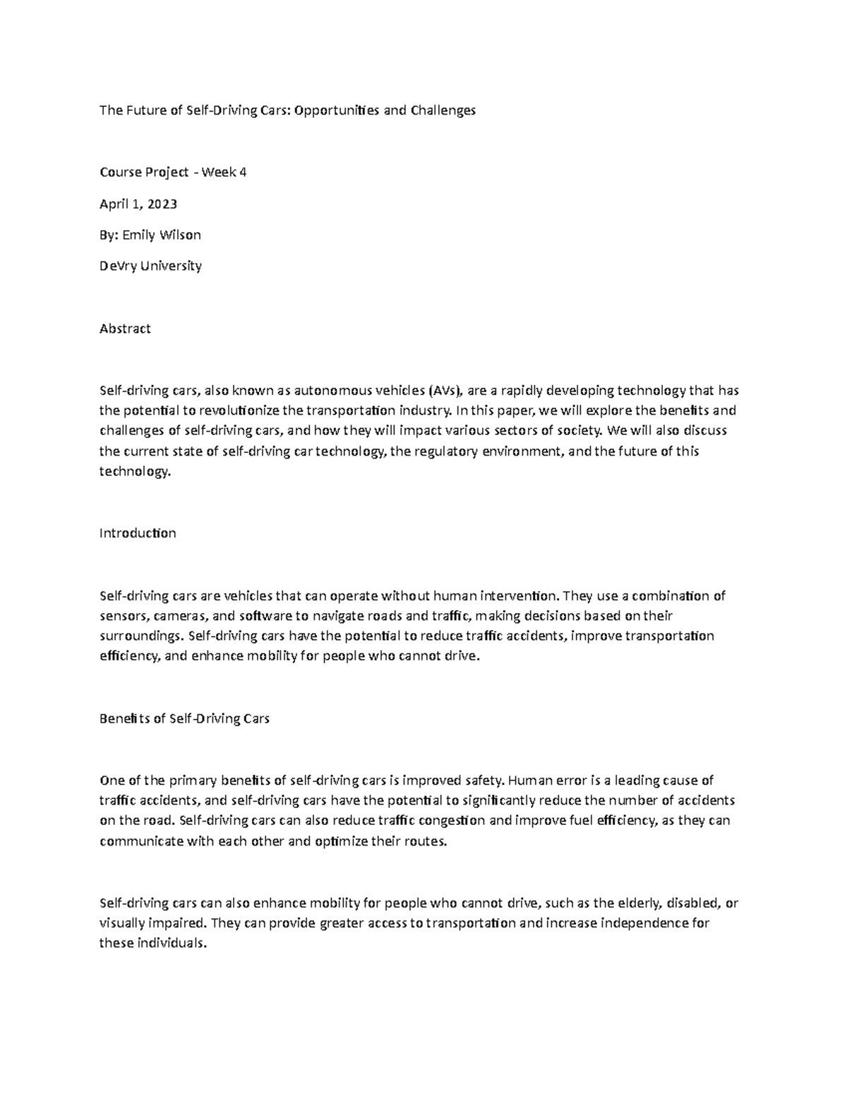 Week 1 Case Study - The Future of Self-Driving Cars: Opportunities and ...