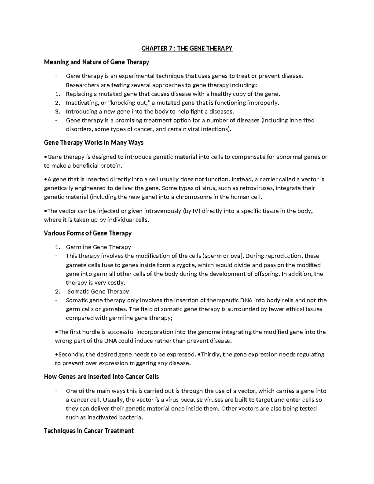STS Chapter 7 - CHAPTER 7 : THE GENE THERAPY Meaning and Nature of Gene Therapy - Gene therapy ...