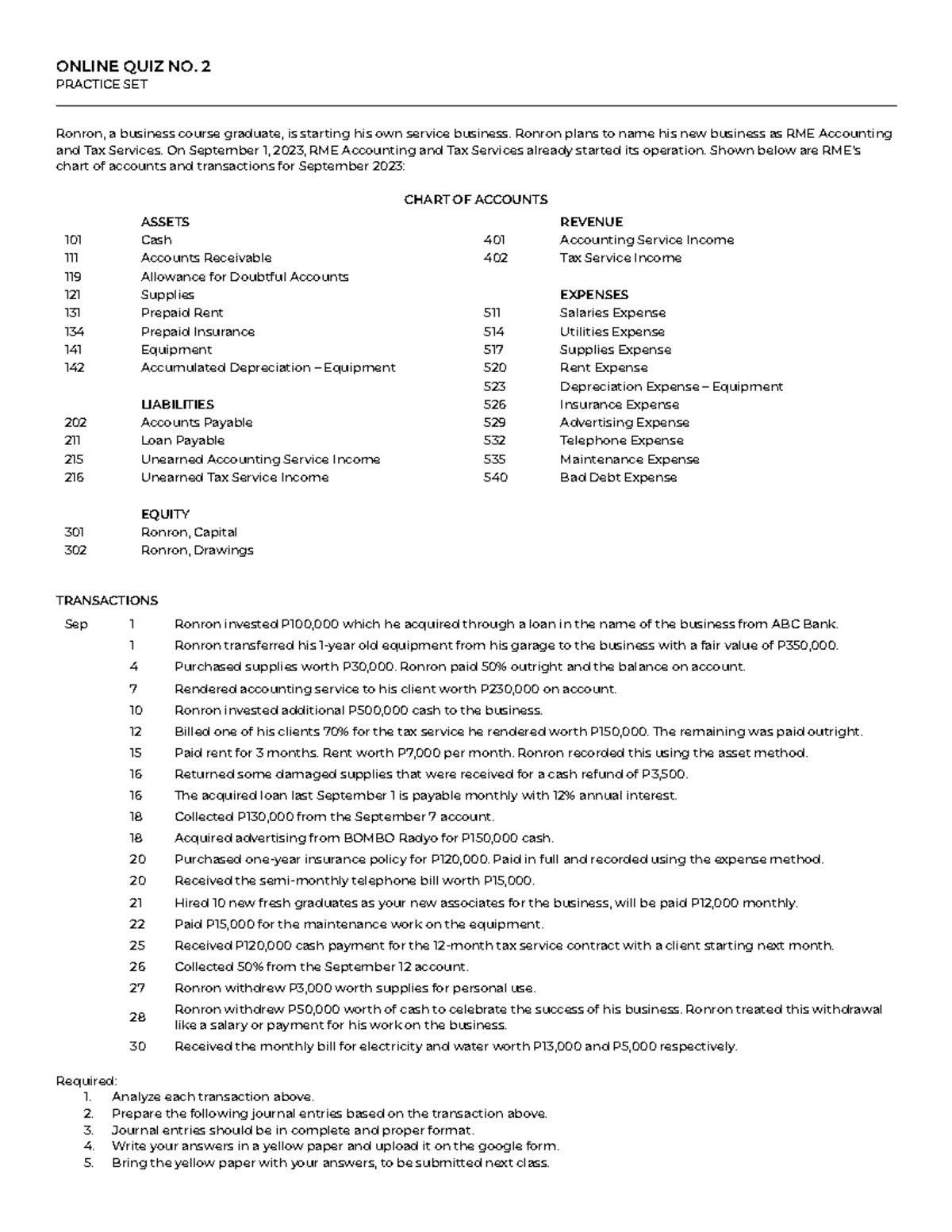 ACC 102 Basic Accounting - ONLINE QUIZ NO. 2 PRACTICE SET - Studocu