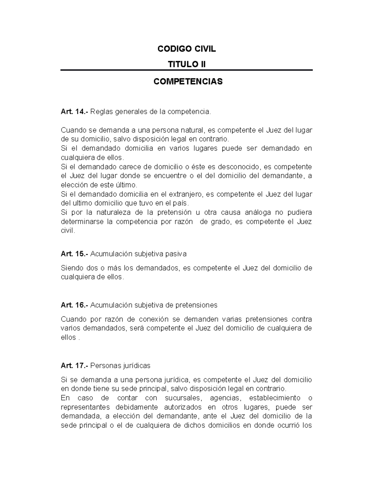 Codigo Civil Competencia - CODIGO CIVIL TITULO II COMPETENCIAS Art. 14 ...