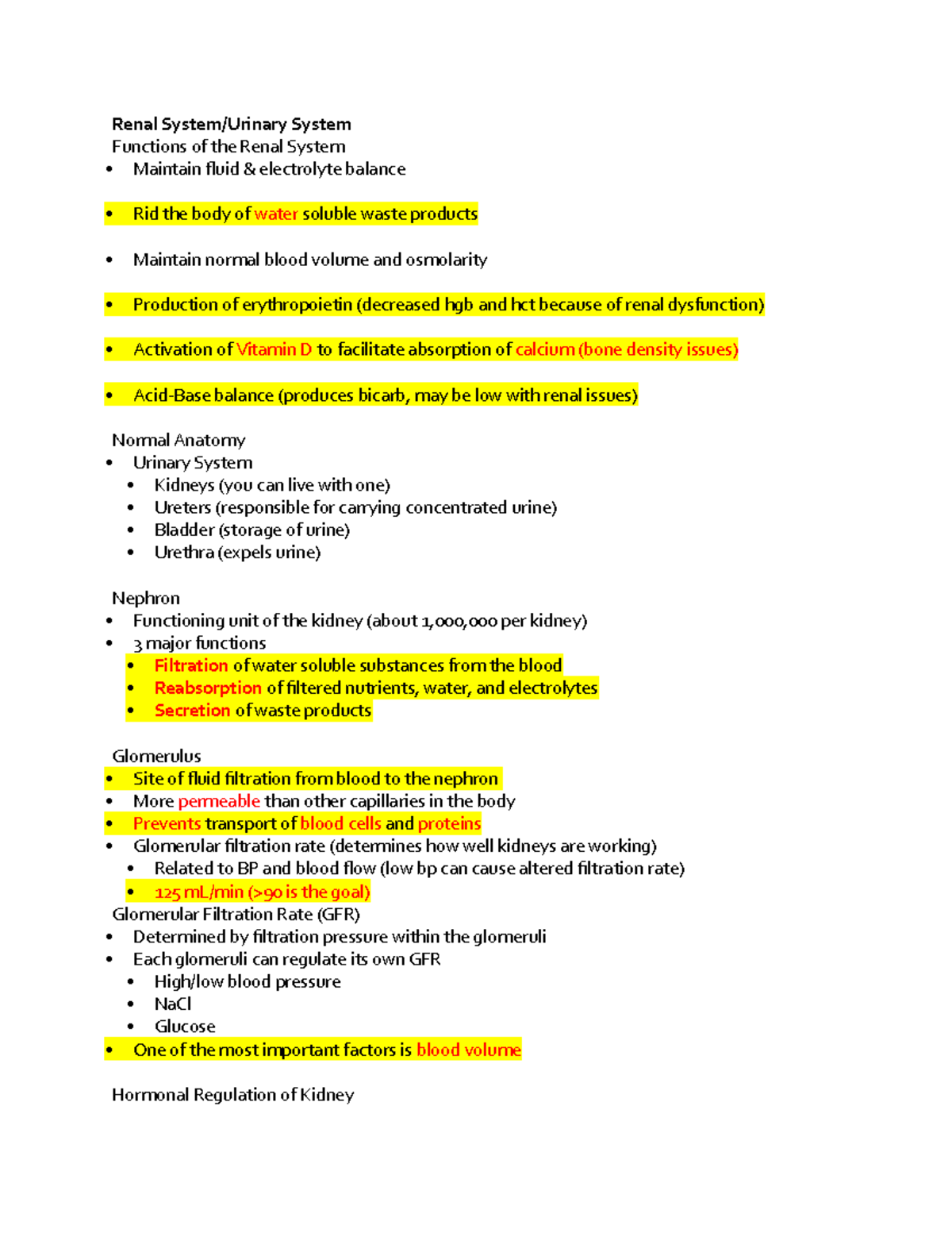 Renal AHN Notes - Renal System/Urinary System Functions of the Renal ...
