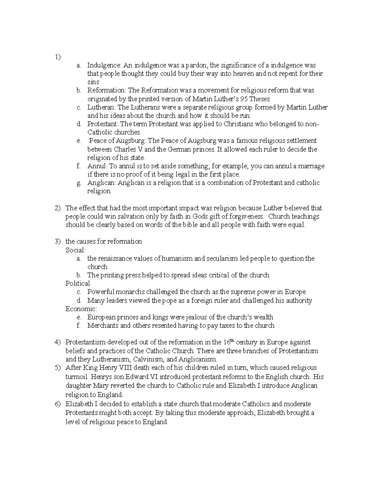 The Reformation Chapter Reading Questions and Answers - 1) a ...