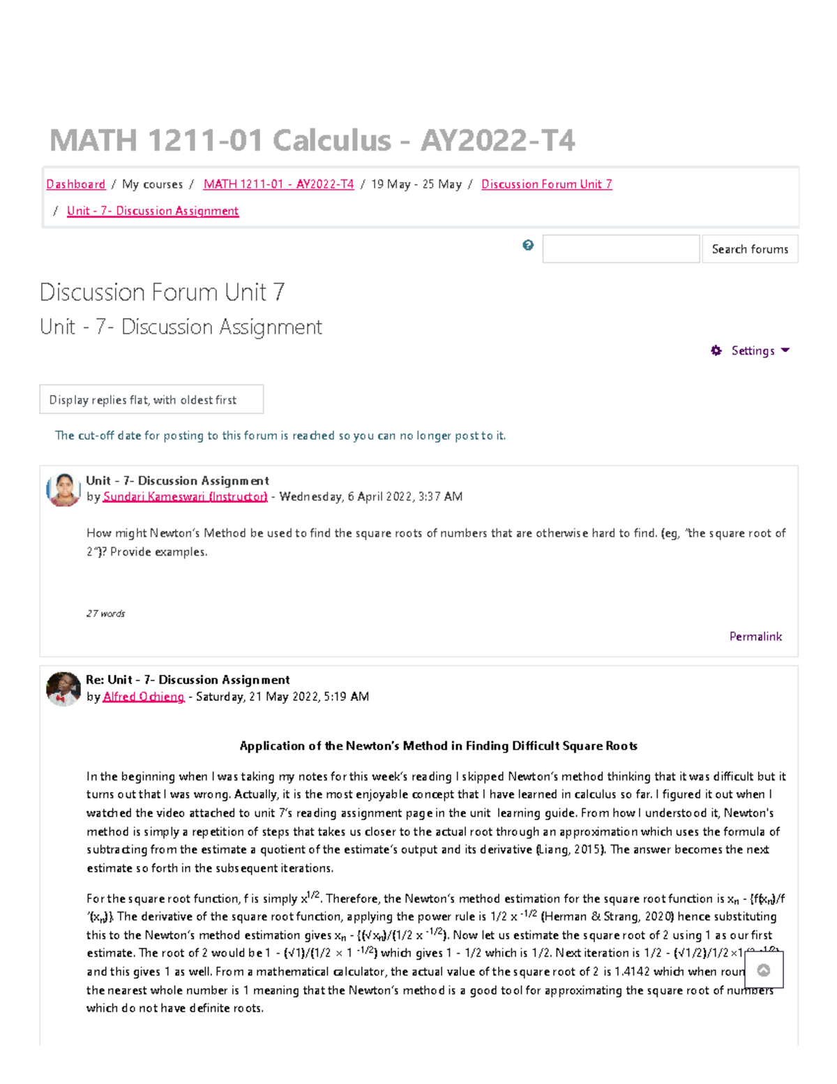 MATH 1211-01 - AY2022-T4 Unit - 7- Discussion Assignment - MATH 1211-01 Calculus - AY2022-T ...