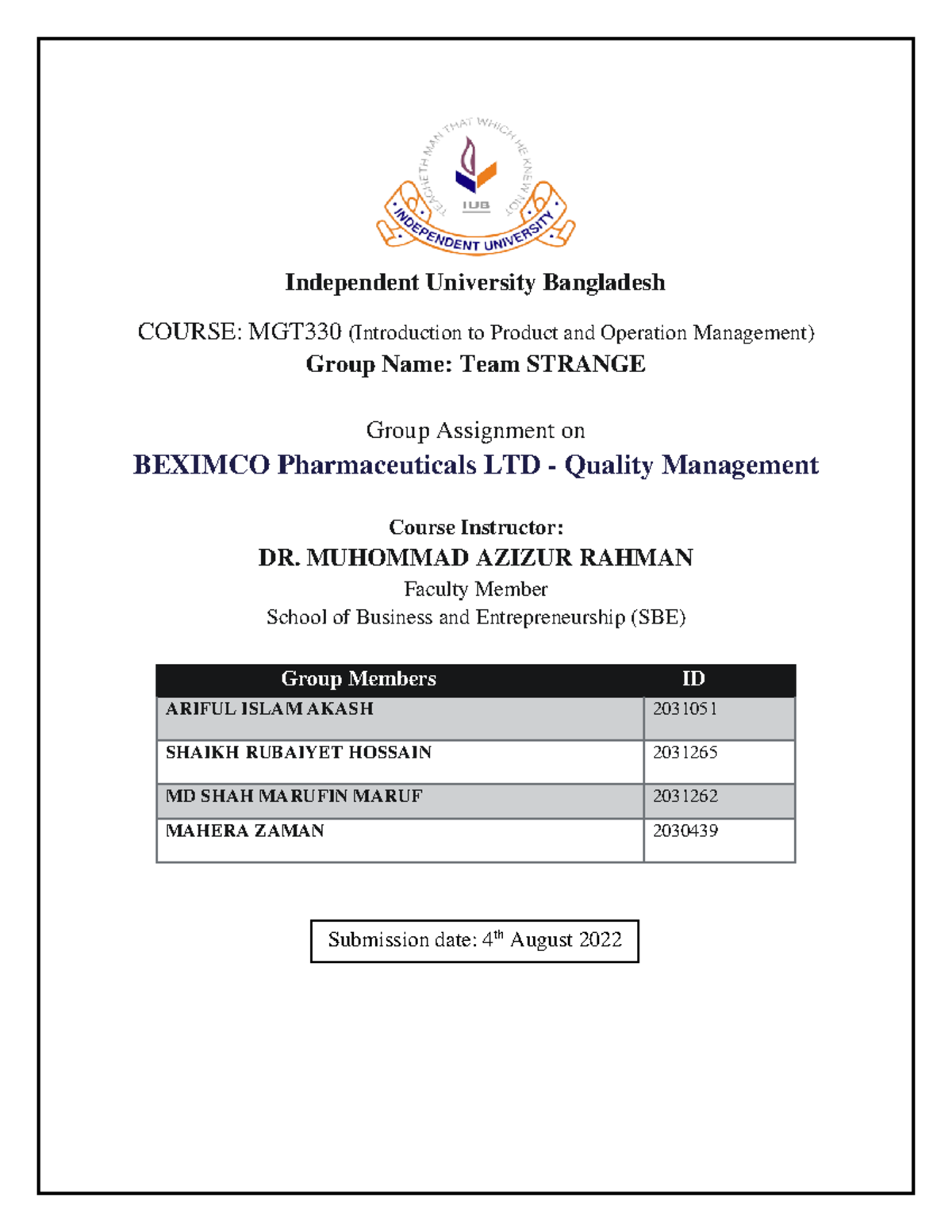 Team Strange MGT330 Sec-02 Summer 22 - 1 COURSE: MGT330 (Introduction ...