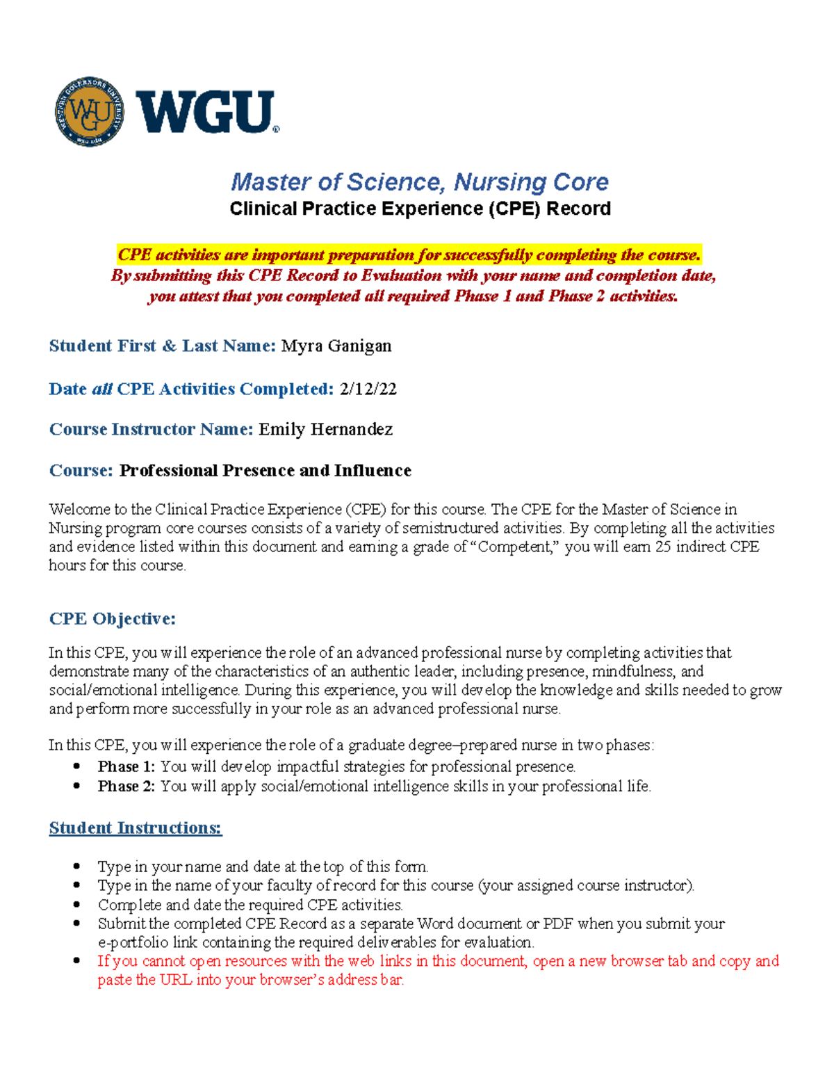 Master of Science, Nursing Core Clinical Practice Experience (CPE ...