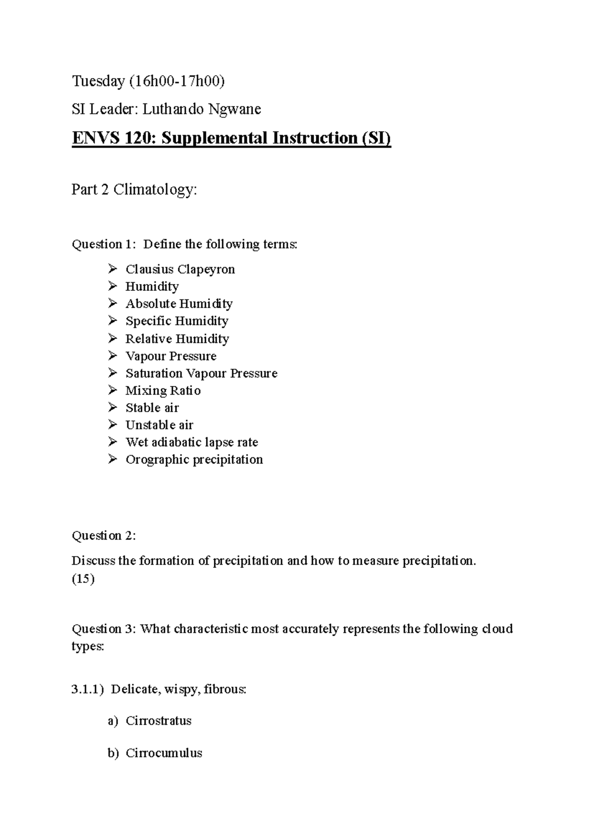 ENVS 120 Worksheet two (2024) - Tuesday (16h00-17h00) SI Leader ...