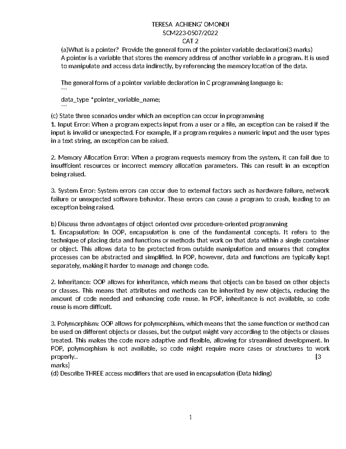 CAT 2 OOP - Cat questions and answers for object oriented programing ...