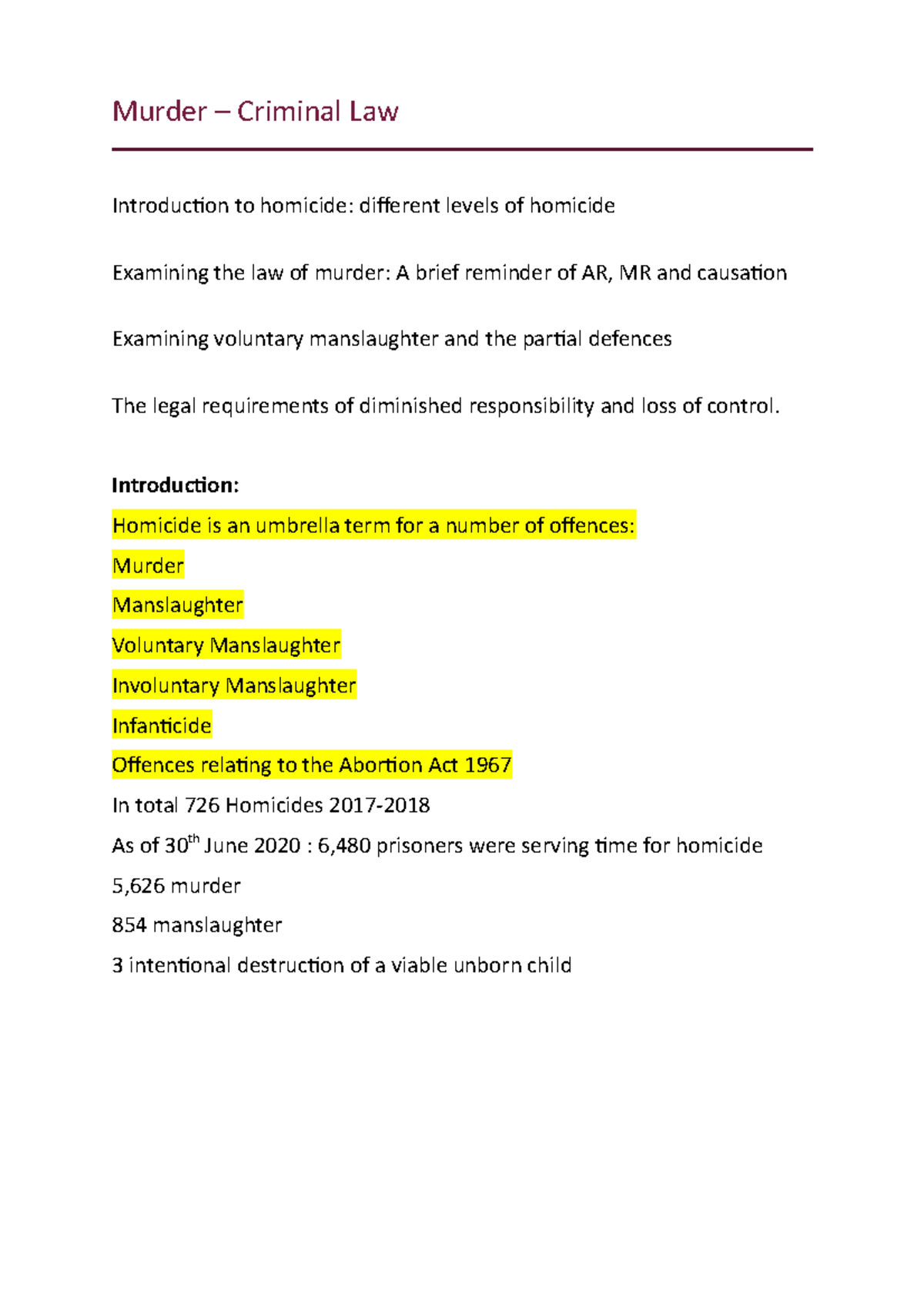 Murder - Lecture notes - Murder – Criminal Law Introduction to homicide ...