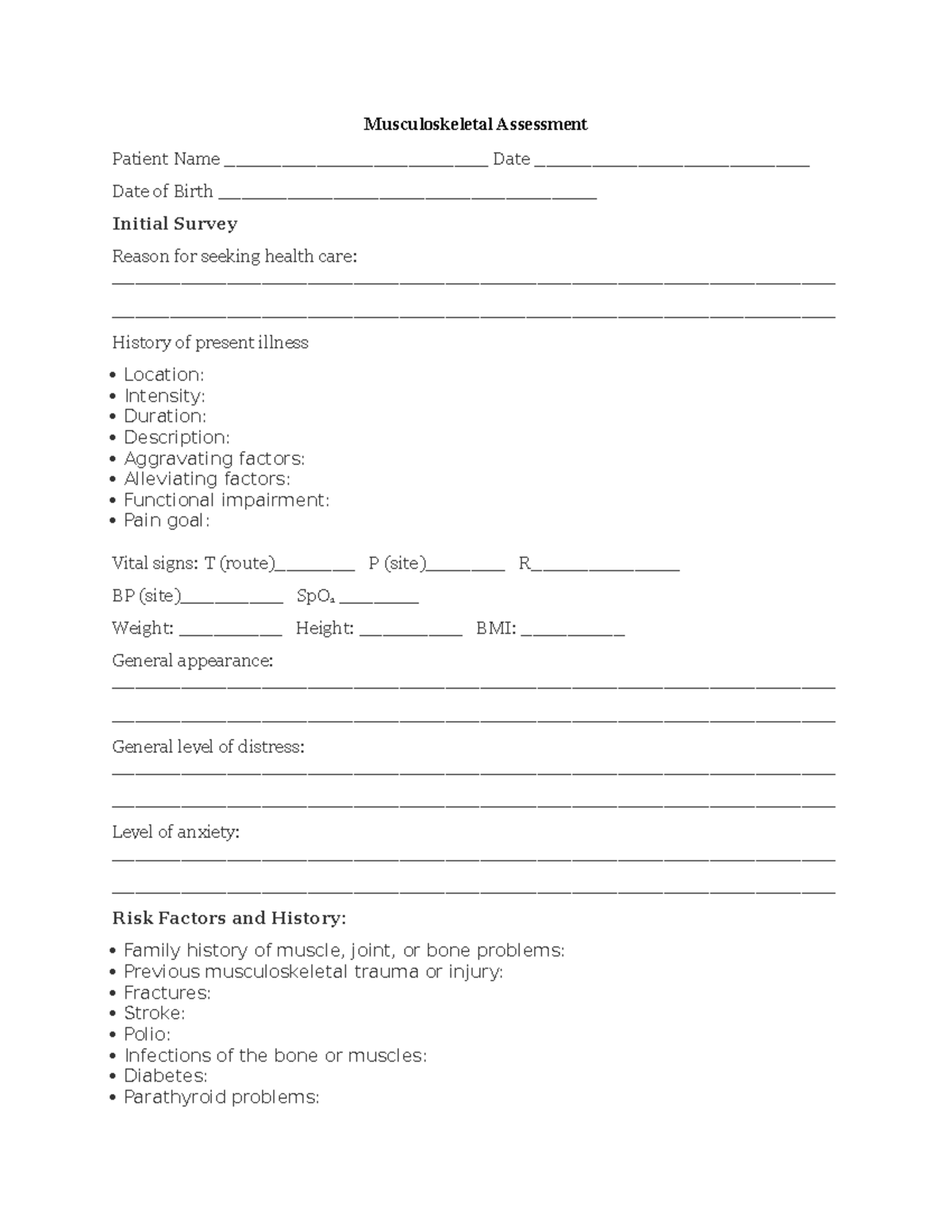 Musculoskeletal Assessment and Guide for Use in Practice ...