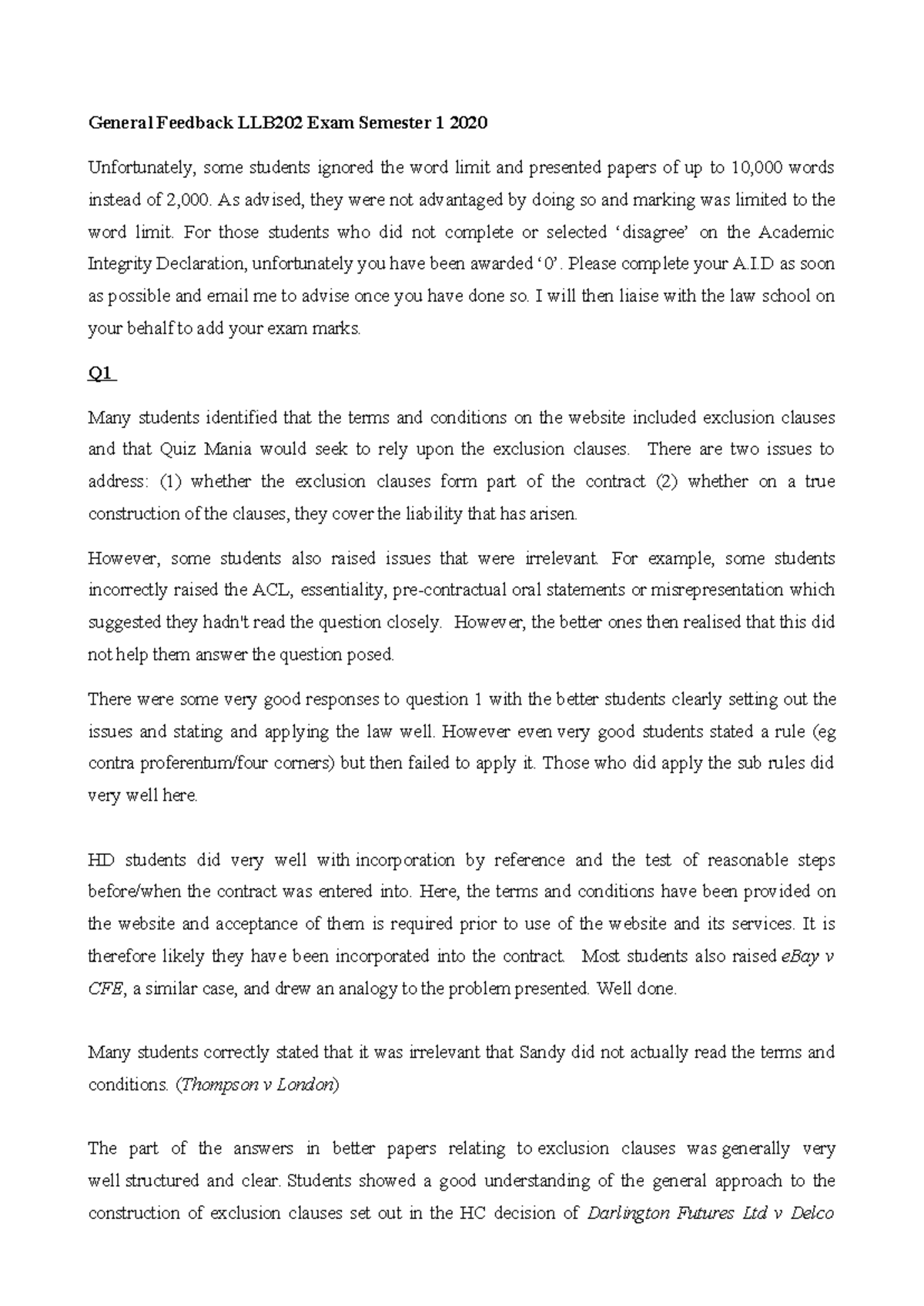 LLB202 Generic Feedback Sem 1 main exam 2020 fin - General Feedback ...