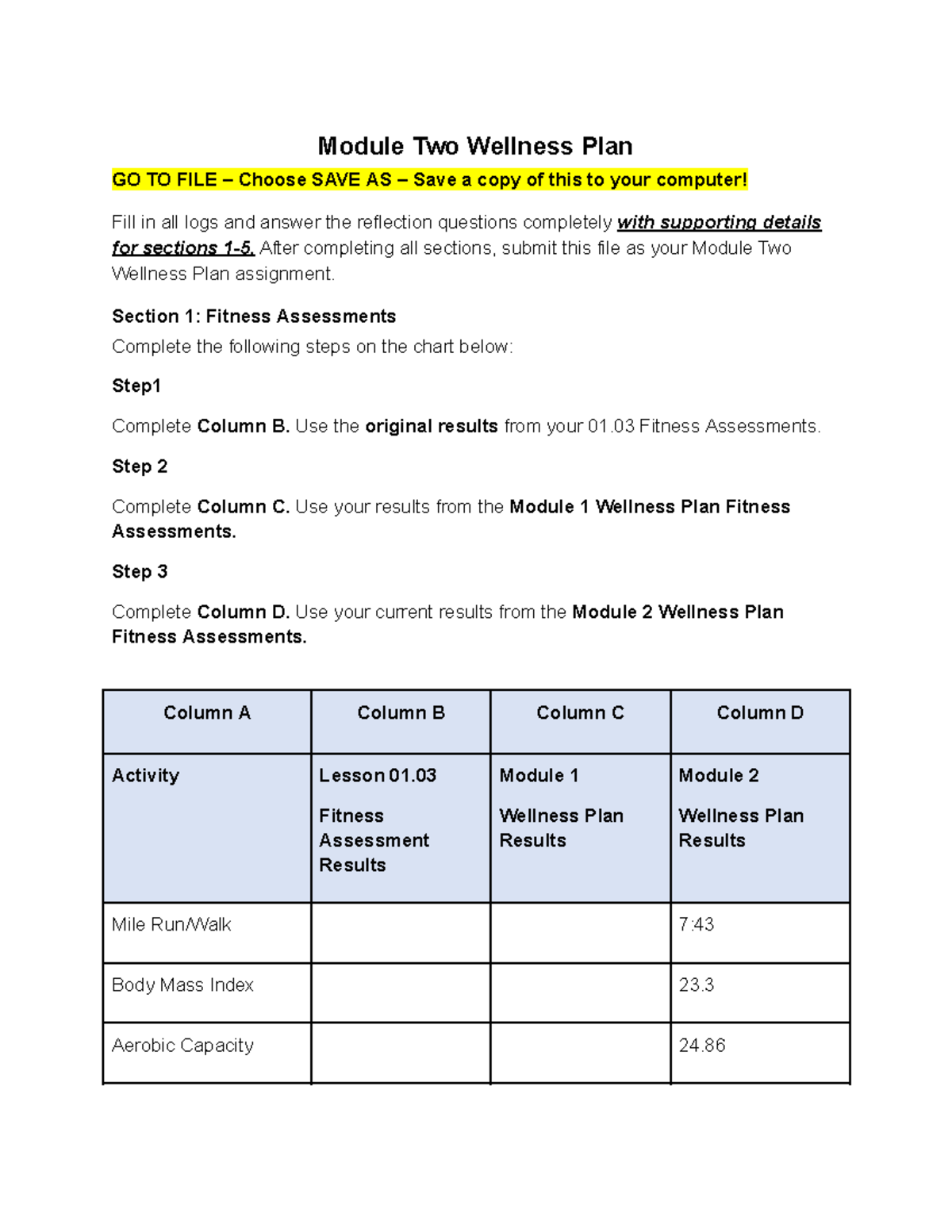 Module two wellness plan - Module Two Wellness Plan GO TO FILE – Choose ...