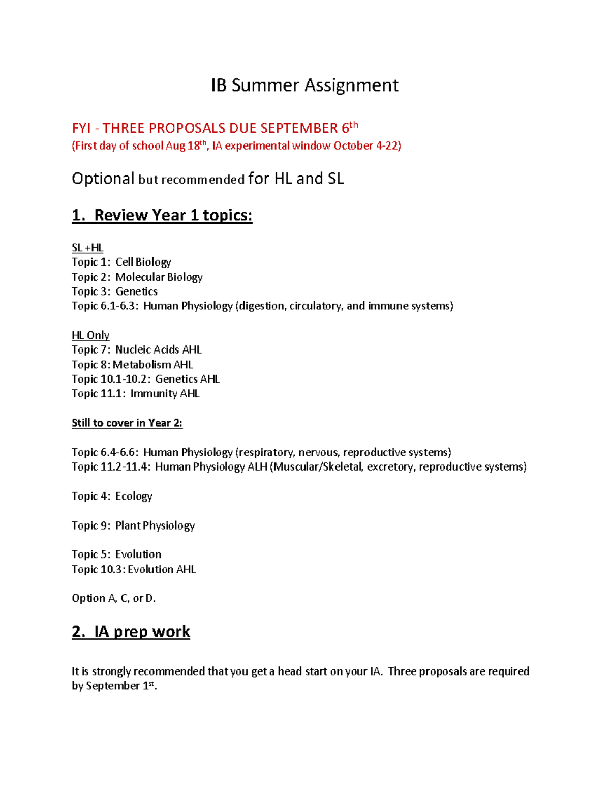 Ibhlbiology Summer Assignment 2020 - IB Summer Assignment FYI - THREE ...