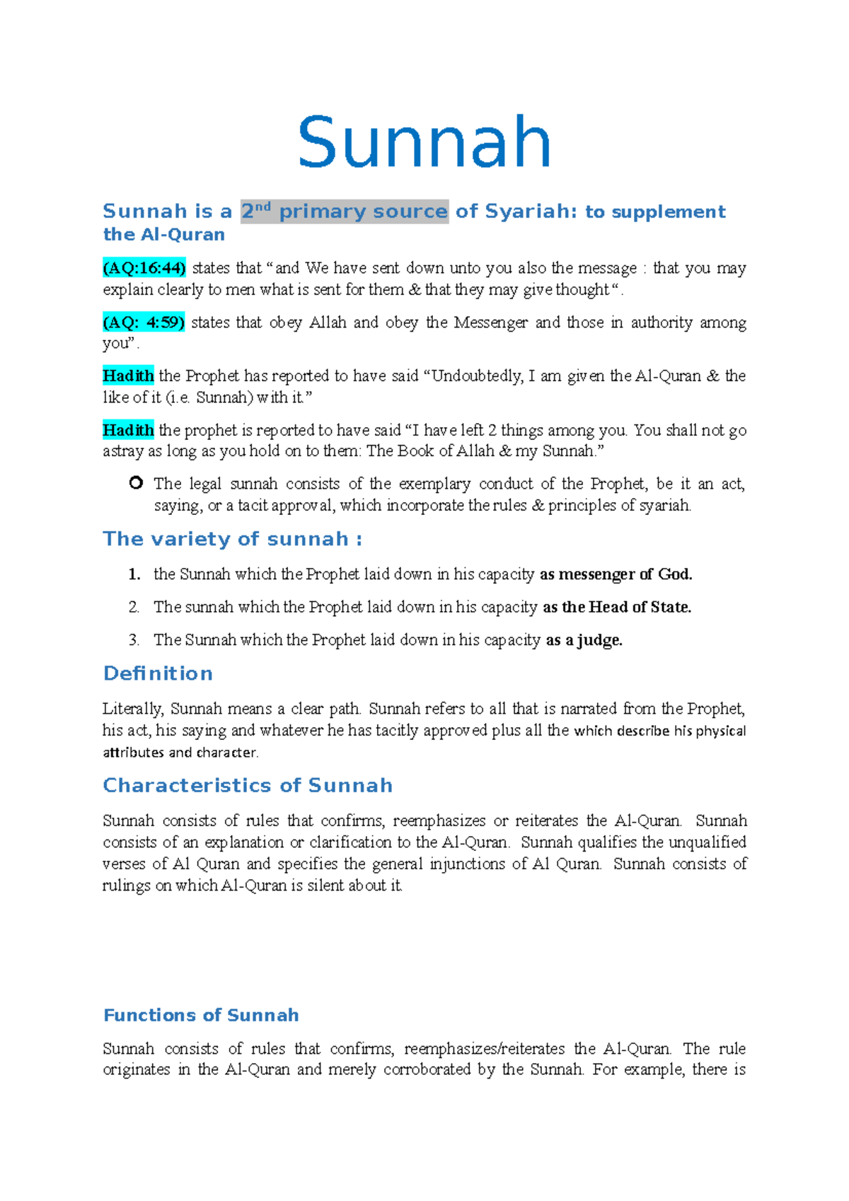 Islamic Law Sunnah Exam Notes - Sunnah Sunnah is a 2 nd primary source ...