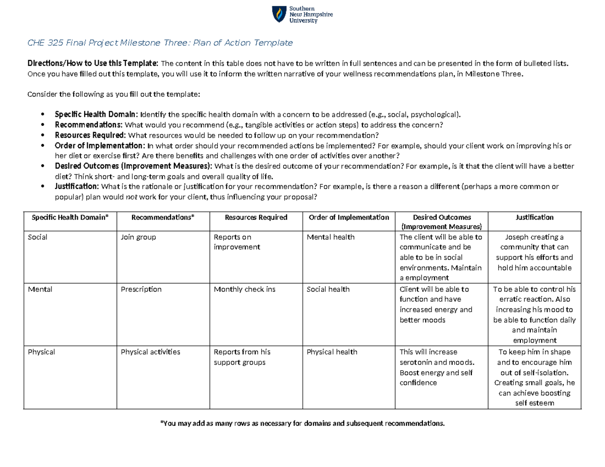 CHE 325 Final Project Milestone Three Plan of Action Template - Once you have filled out this ...