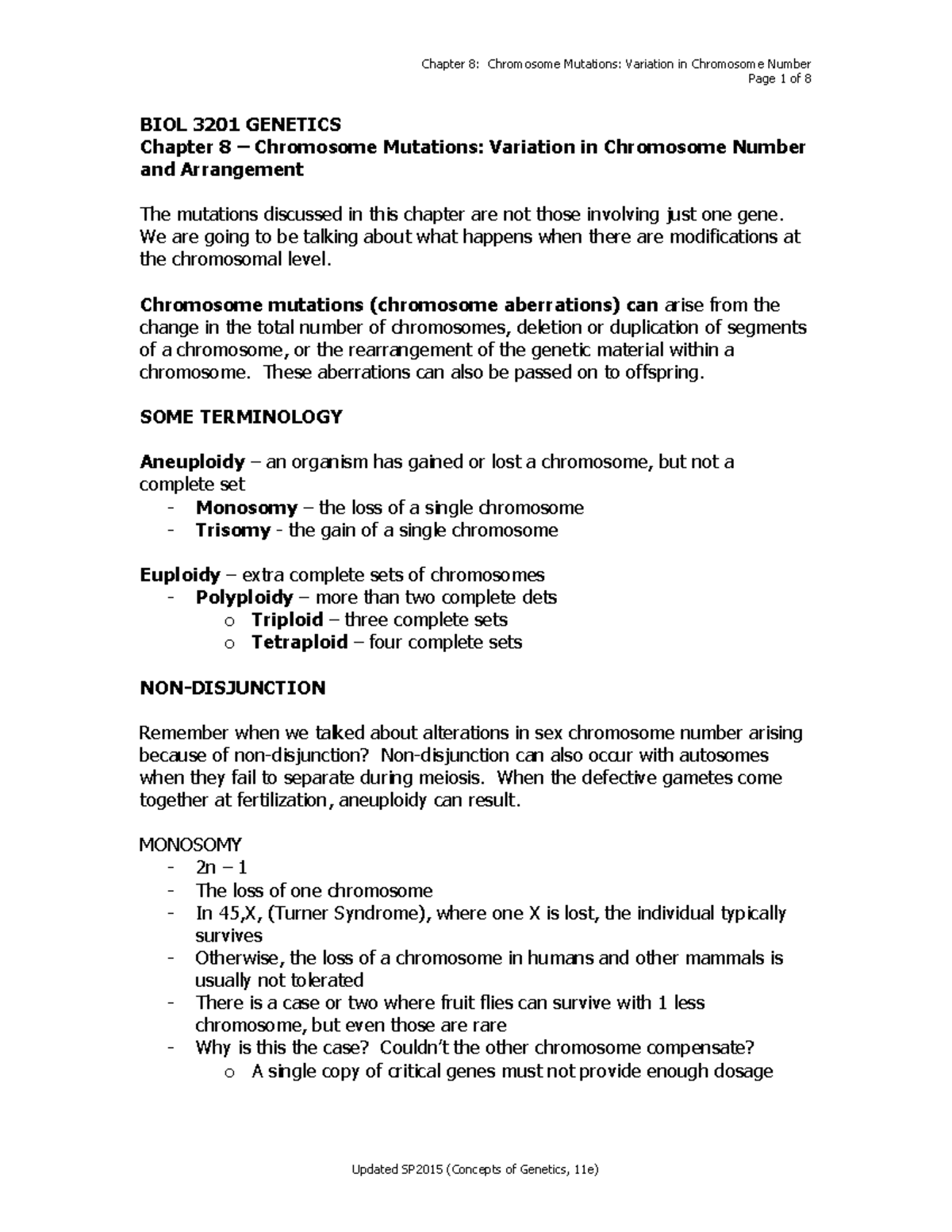 BIOL 3201 Chapter 8 - Chromosome Mutations - Variation in Chromosome ...