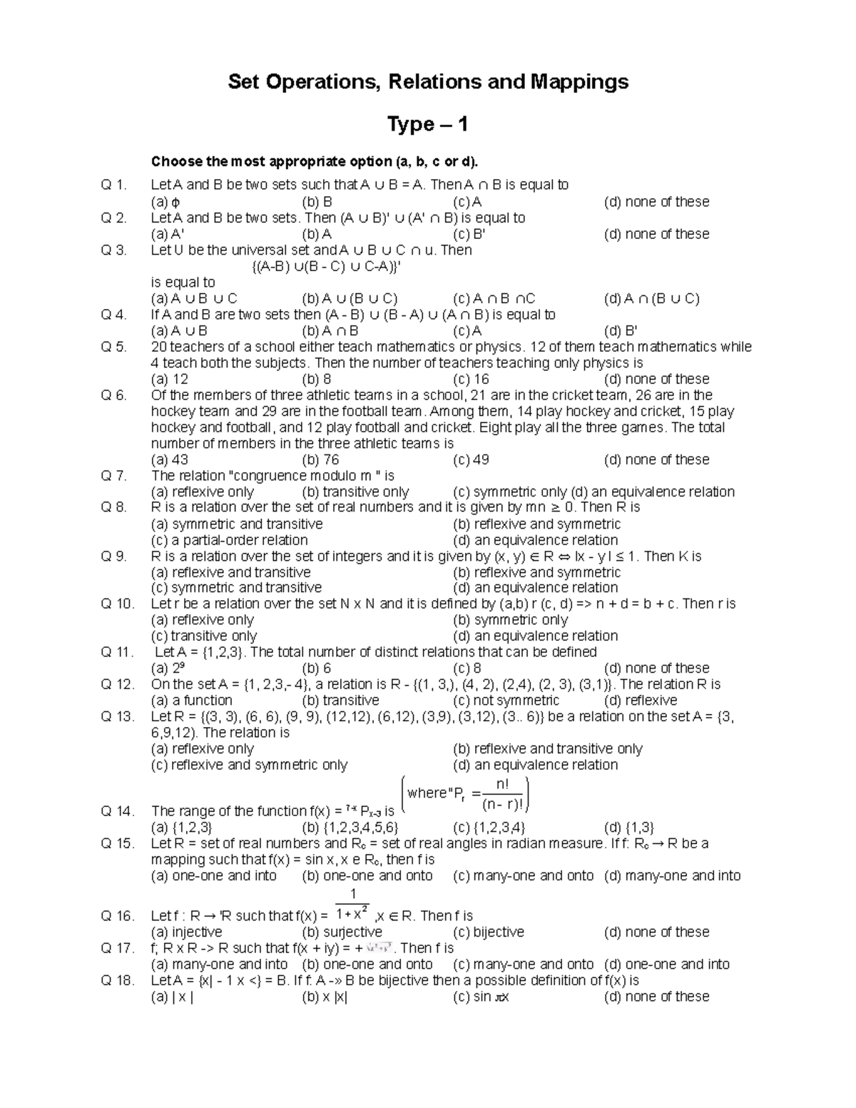 01 Set Operations, Relations and Mappings - Q 1. Let A and B be two ...