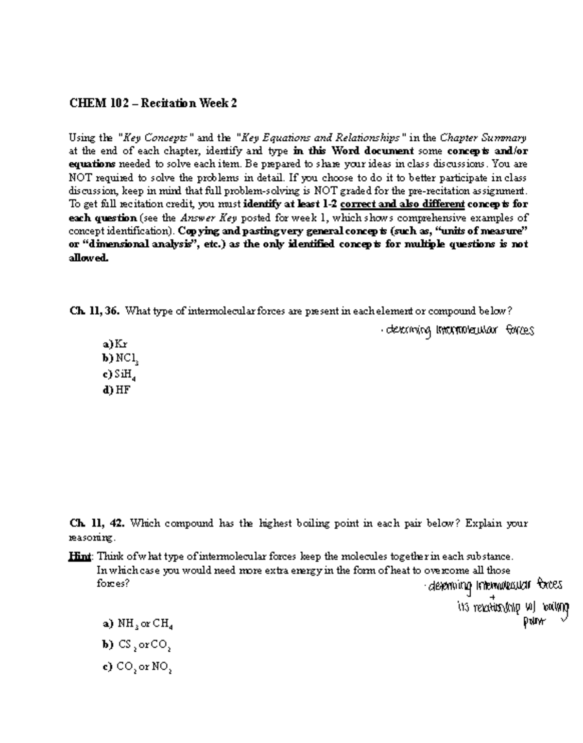 CHEM 102 Recitation Week2 - CHEM 102 – Recitation Week 2 Using the "Key Concepts" and the - Studocu