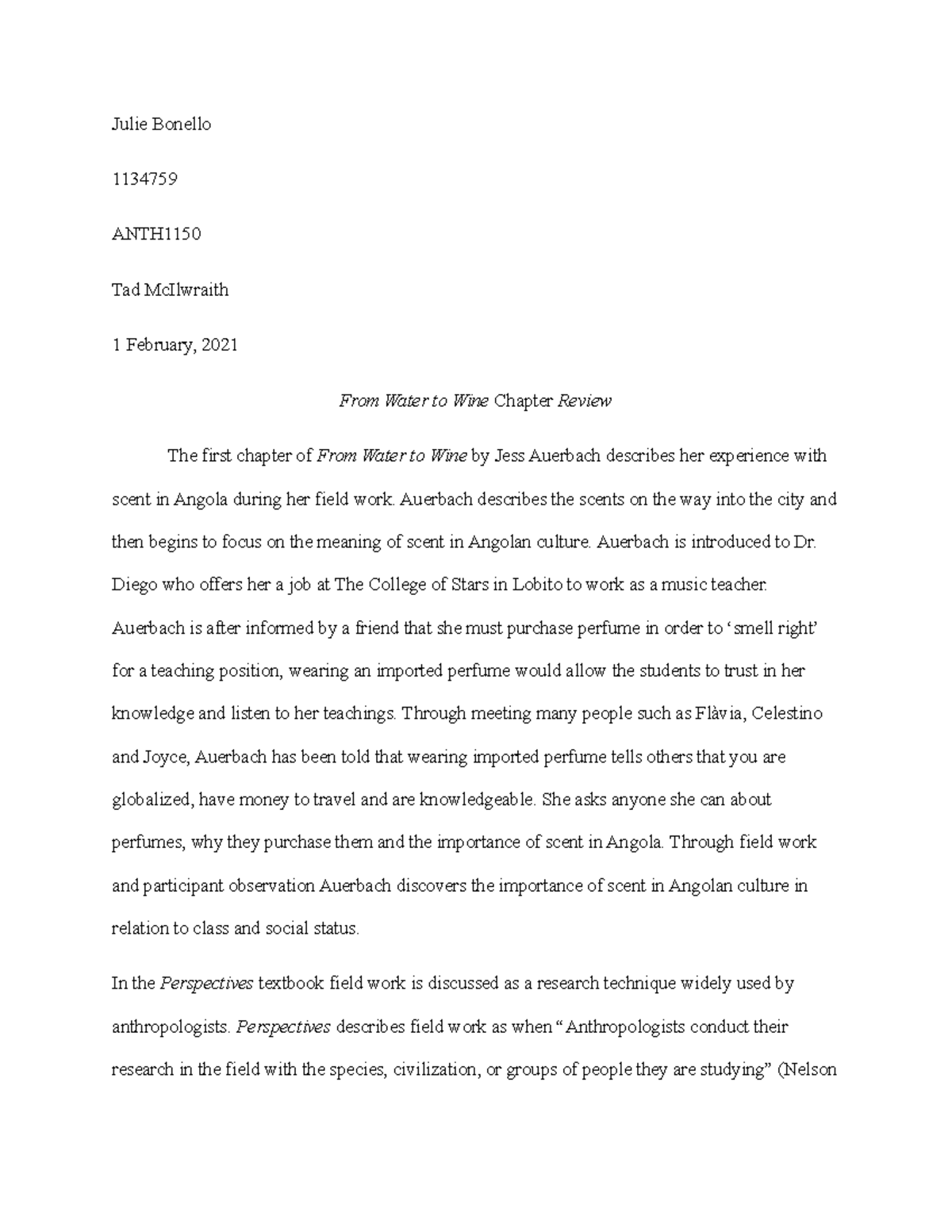 Chapter Review-Julie Bonello - Julie Bonello 1134759 ANTH Tad ...