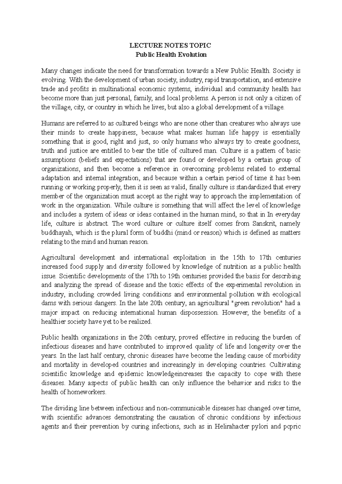 Health and Illness Concept Public Health Evolution - LECTURE NOTES ...