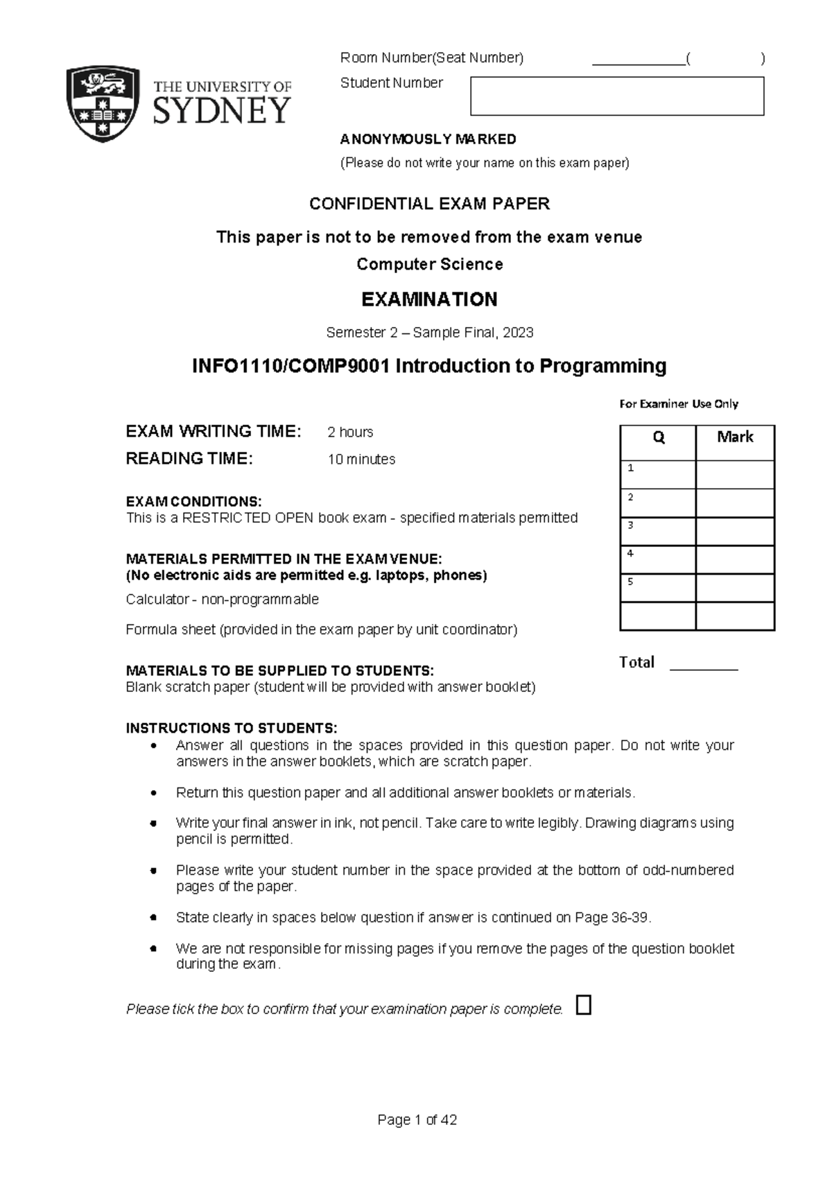 Final Exam Sample - CONFIDENTIAL EXAM PAPER This paper is not to be ...