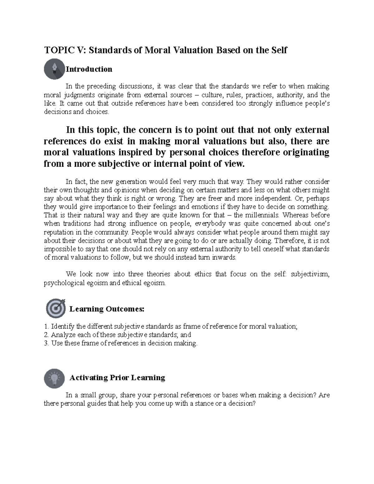 Topic IV-Ethics-docx. - TOPIC V: Standards of Moral Valuation Based on ...