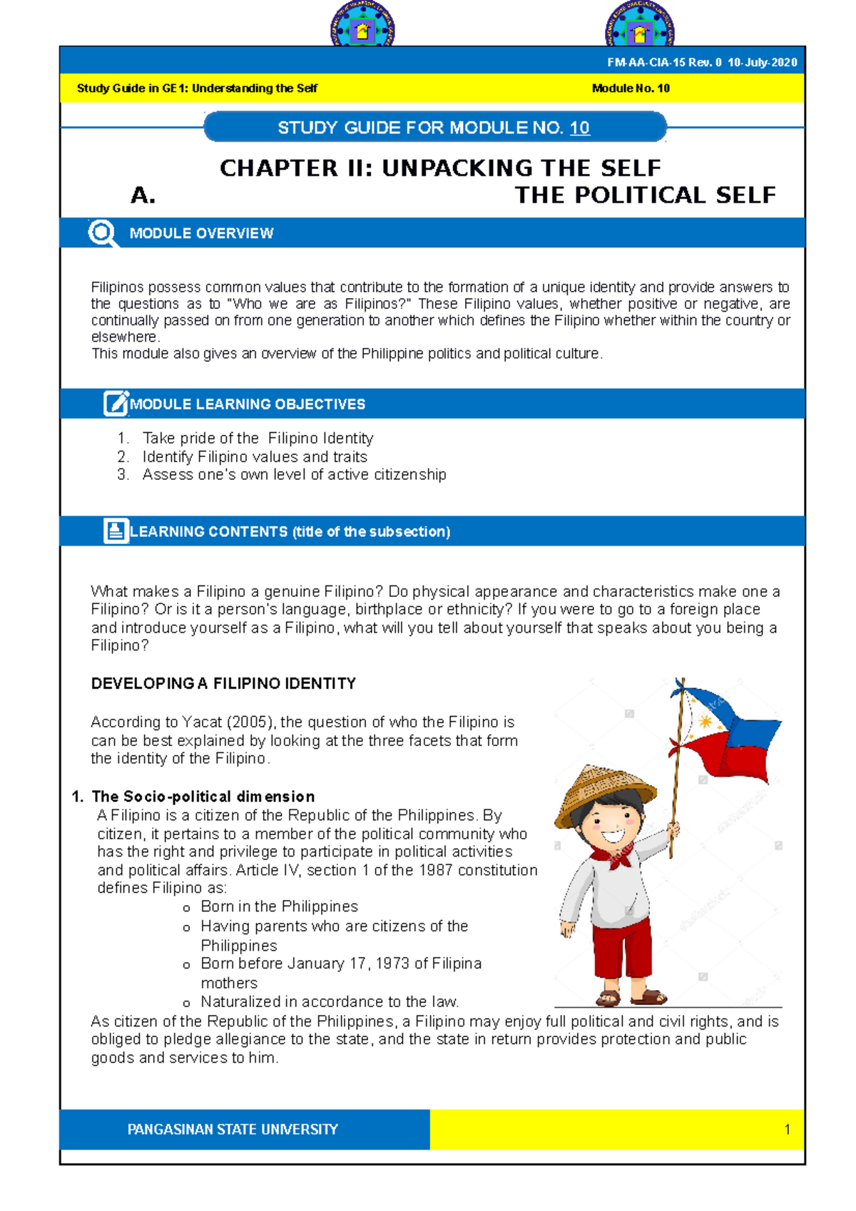 GE1 Module 10 - Political Self - Understanding the Self - PangSU - Studocu