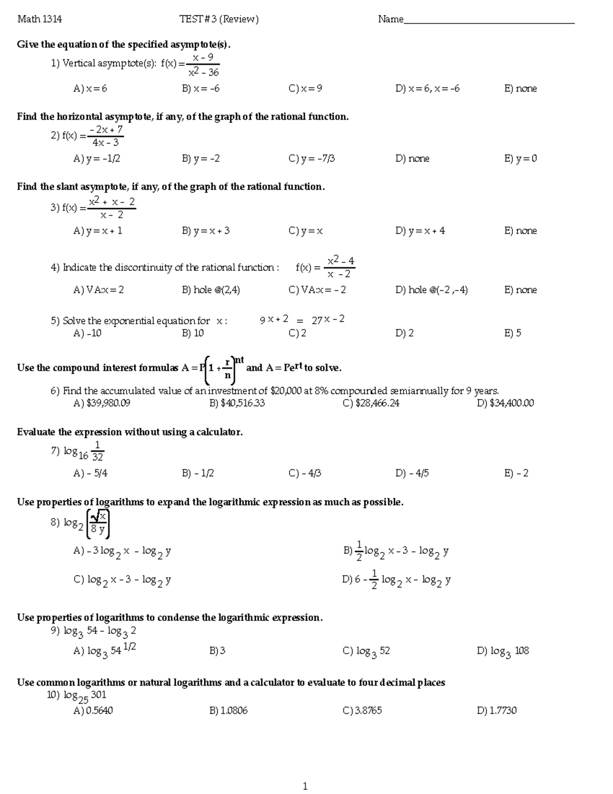 Math Review Final Exam Practice Math 1314 TEST 3 Review StuDocu