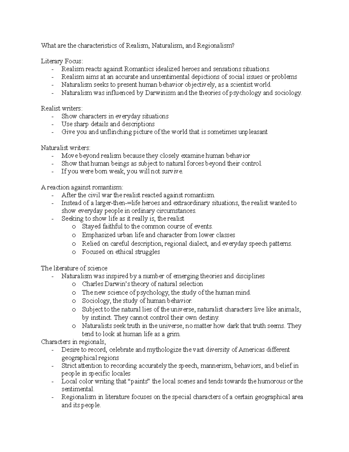 Realism in detail - class notes - What are the characteristics of ...