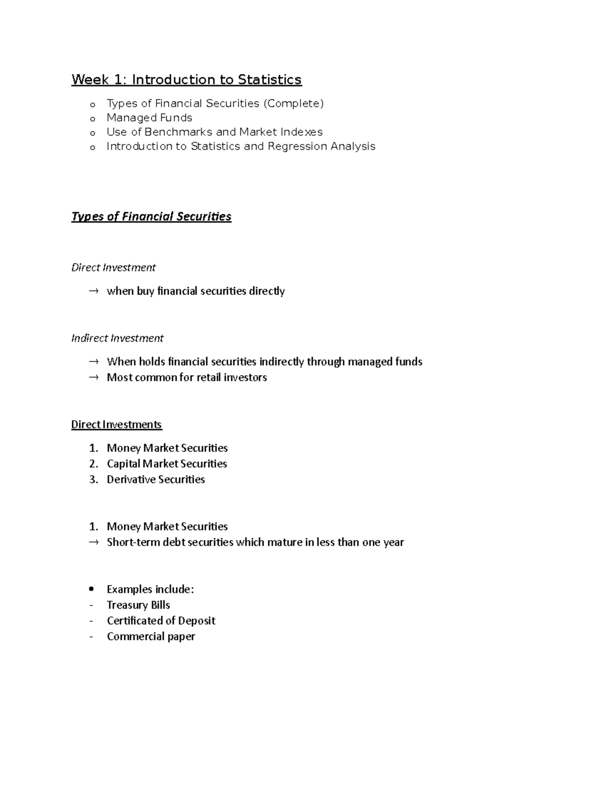 Week 1 - Intro to Statistics - Week 1: Introduction to Statistics o Types of Financial ...