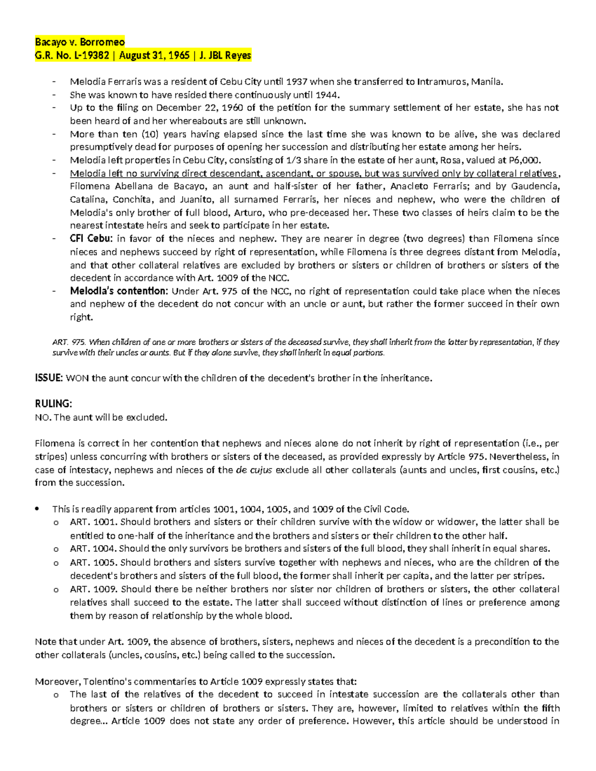 Bacayo v Corromeo - Summary Law On Obli, Cont & Bas Labor Laws - Bacayo ...