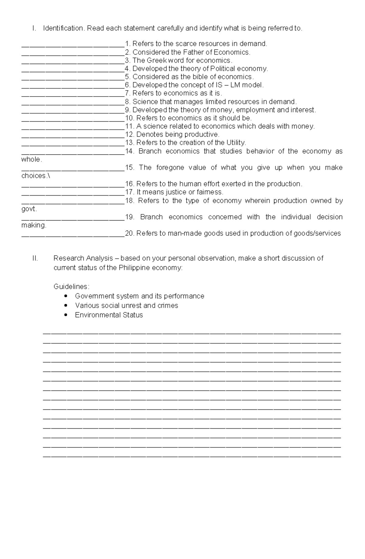 Fin Socsci I worksheet - I. Identification. Read each statement ...