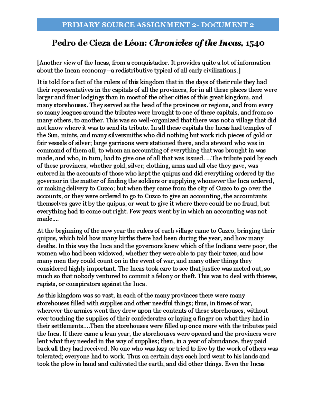 Pedro de Cieza de Léon, Chronicles of the Incas, 1540 - PRIMARY SOURCE ASSIGNMENT 2- DOCUMENT 2 ...
