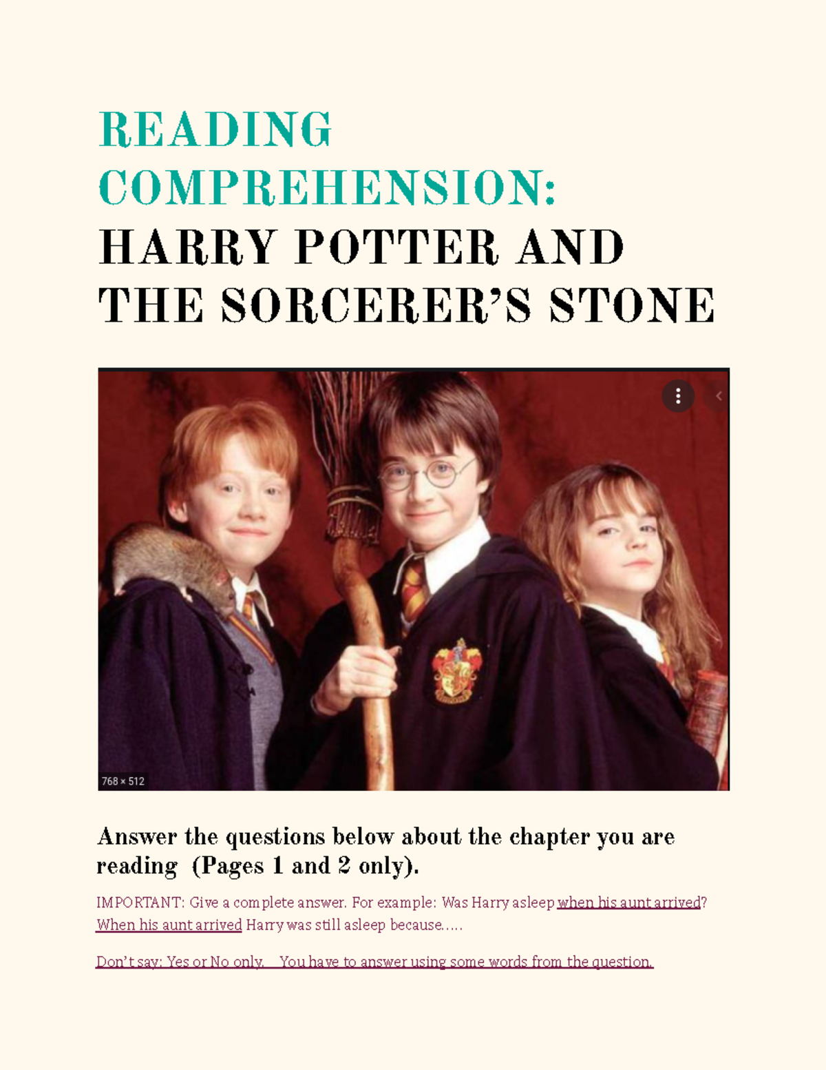 Harry Potter - READING COMPREHENSION: HARRY POTTER AND THE SORCERER’S ...