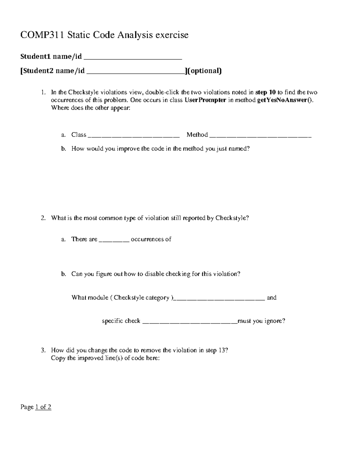 Checkstyle Lab-Questions - COMP311 Static Code Analysis exercise Page 1 of 2 Student1 name/id ...