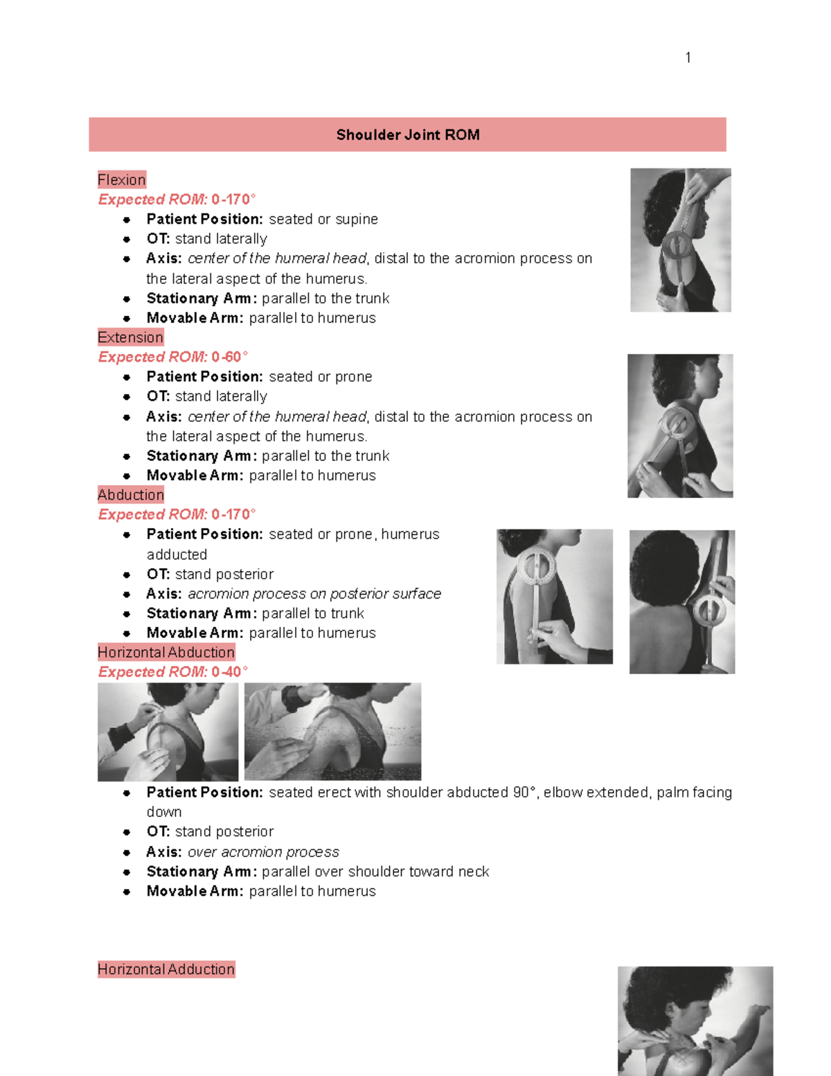 Goinometer Measurements - Shoulder Joint ROM Flexion Expected ROM: 0 ...