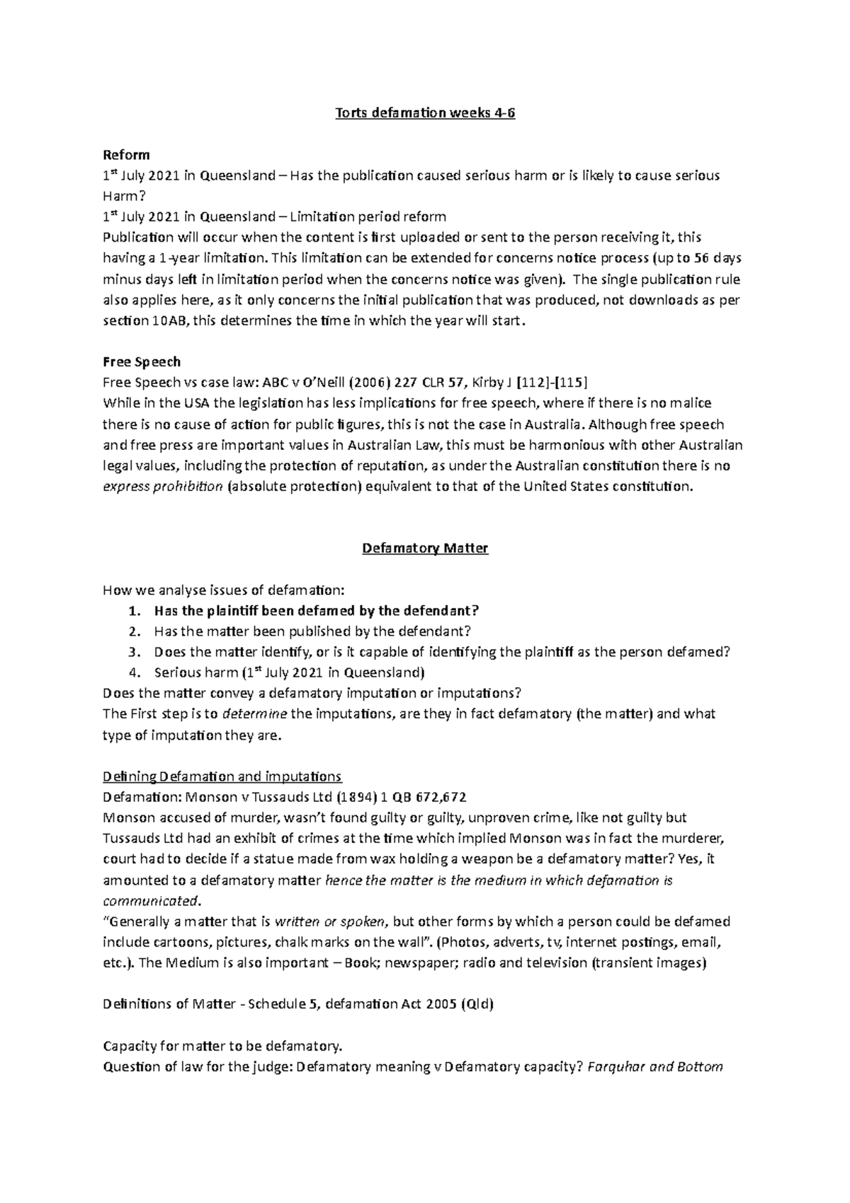 Weeks 4 to 6 Defamation - Summarised details from textbook and course ...