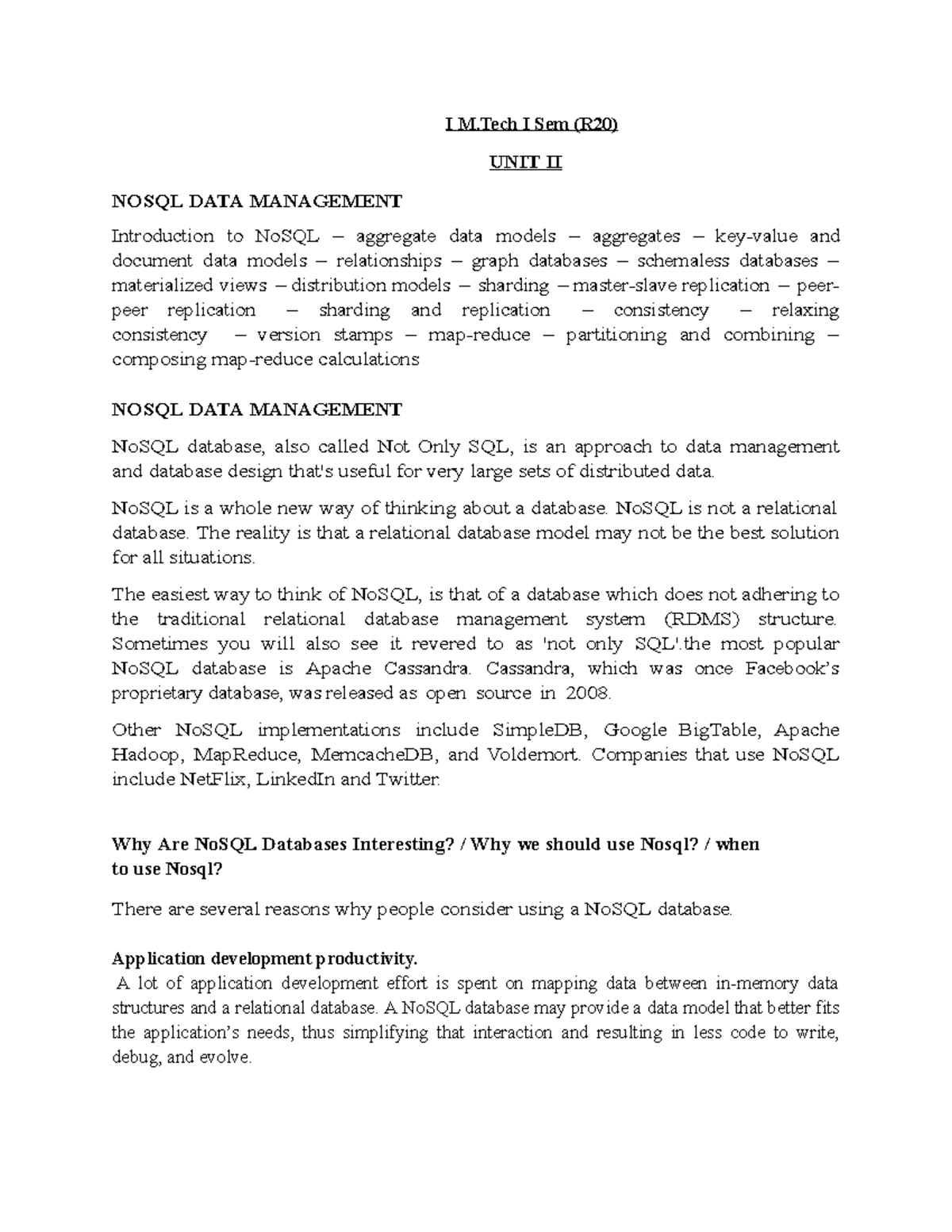 M.Tech BDA Unit II - M.Tech I Sem - I M I Sem (R20) UNIT II NOSQL DATA MANAGEMENT Introduction ...