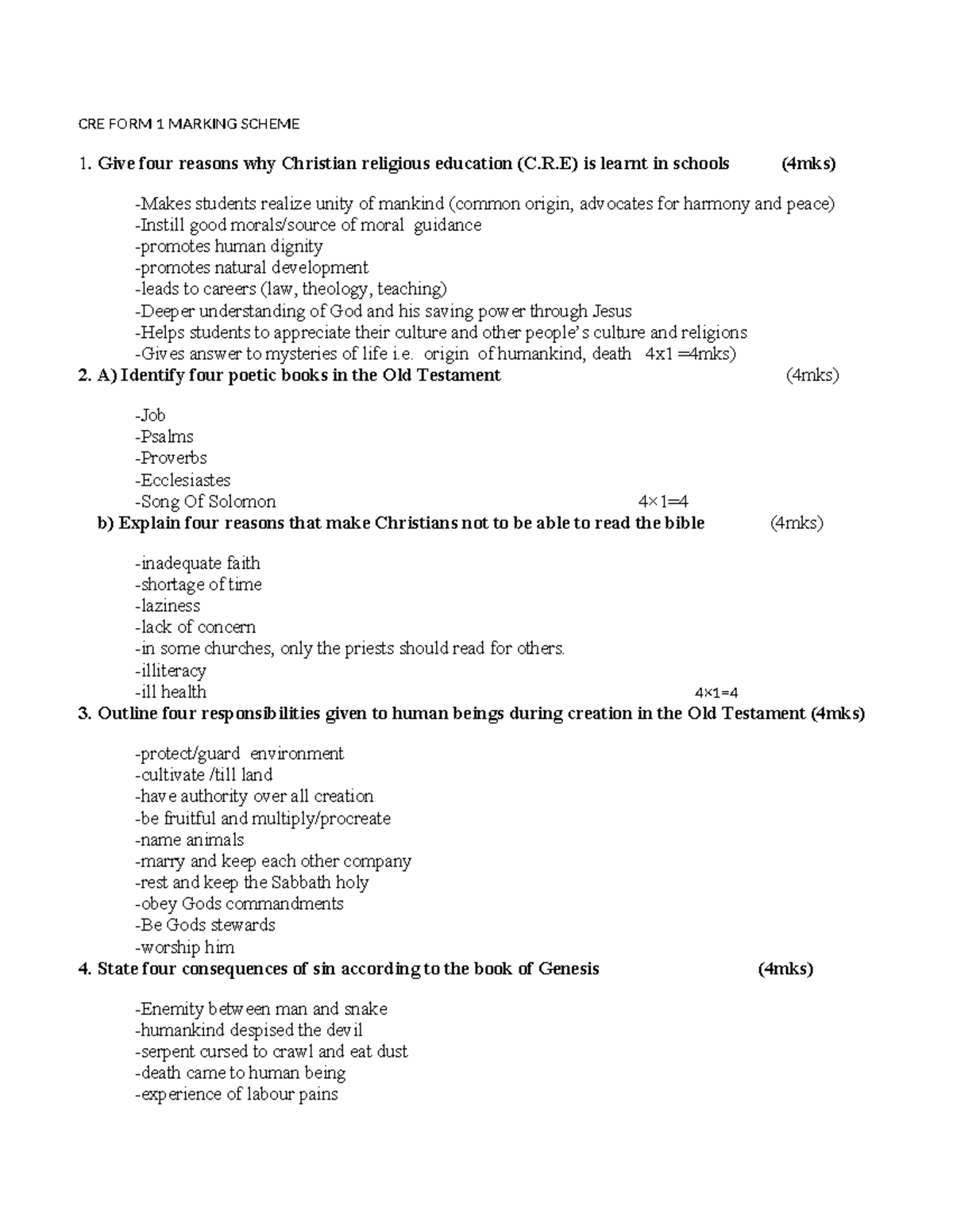Cre form 1 m scheme ui2252021004 - CRE FORM 1 MARKING SCHEME Give four ...