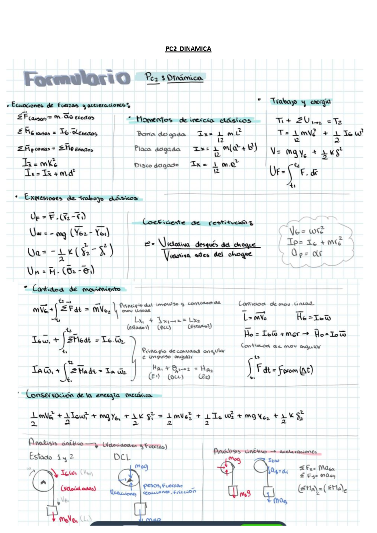 PC2 Dinamica - PC2 DINAMICA Formulario Pc2: Dinamica Ecuaciones de Fuezzas yaceleraciones ...