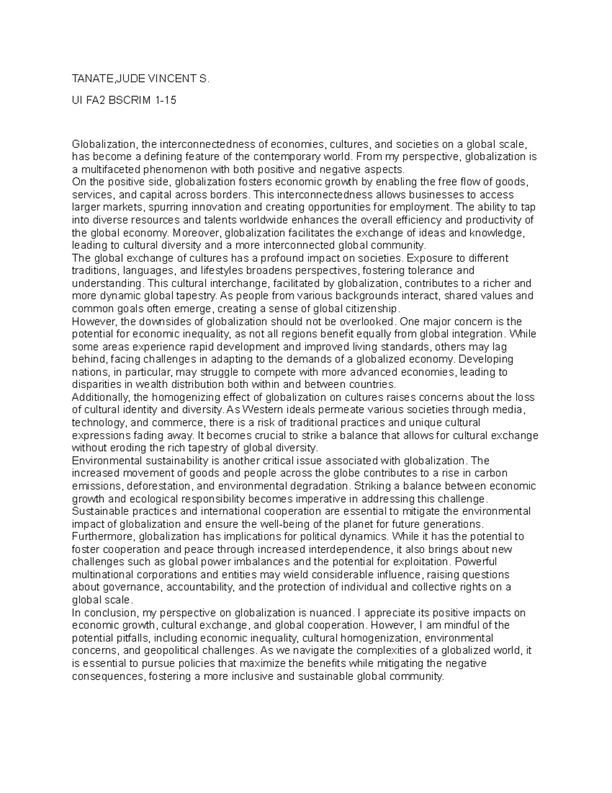 Contemporary world - TANATE,JUDE VINCENT S. UI FA2 BSCRIM 1 ...