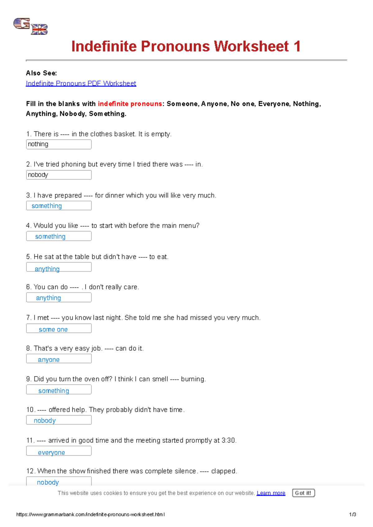 Indefinite Pronouns Exercises answer - grammarbank/indefinite-pronouns ...