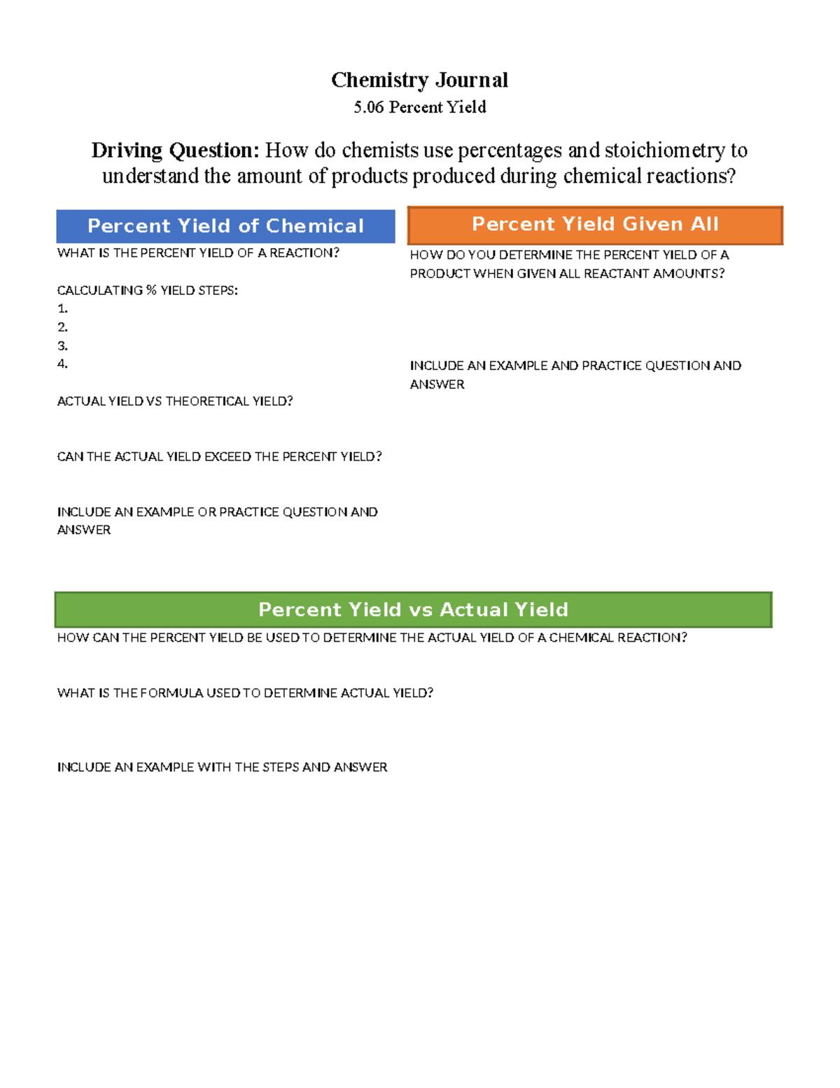 05 06 journal - Chemistry Journal 5 Percent Yield Driving Question: How ...