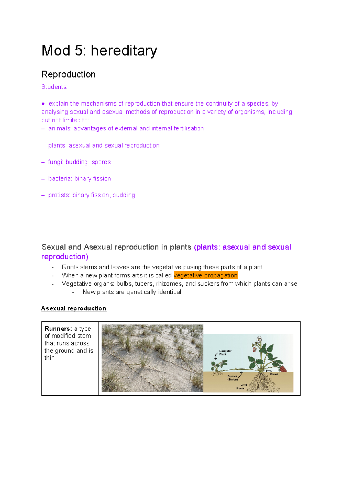 Hereditory notes Mod 5 - Mod 5: hereditary Reproduction Students ...